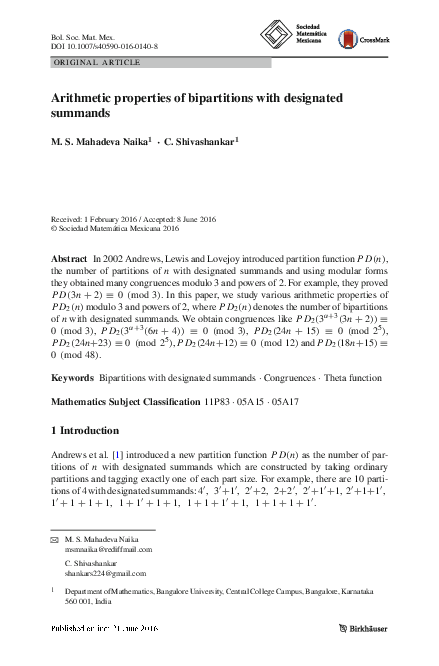 (PDF) Arithmetic properties of bipartitions with designated summands