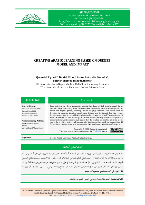 (PDF) Creative Arabic Learning Based On Quizizz: Model And Impact