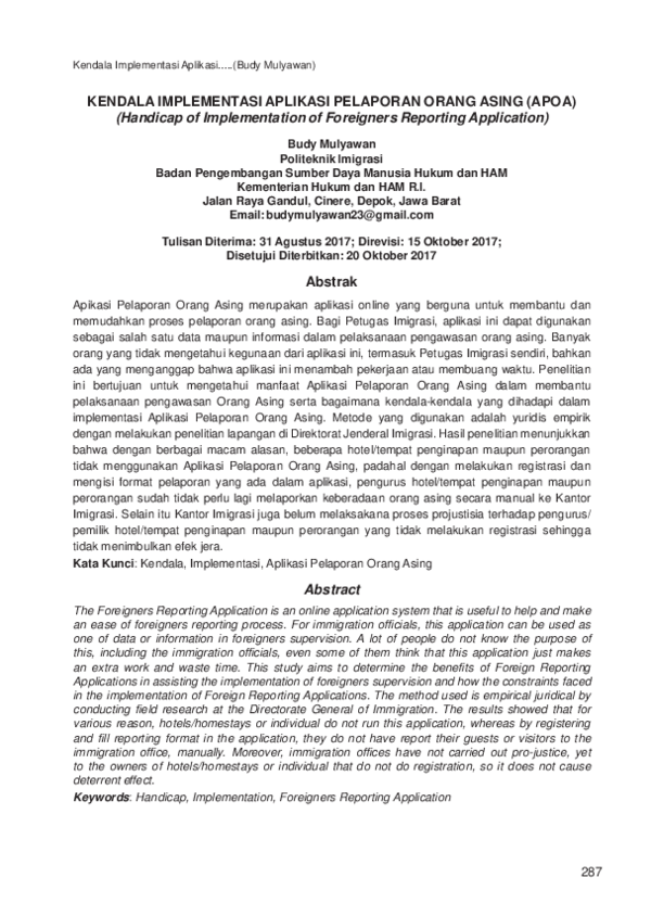 (PDF) Kendala Implementasi Aplikasi Pelaporan Orang Asing (APOA)
