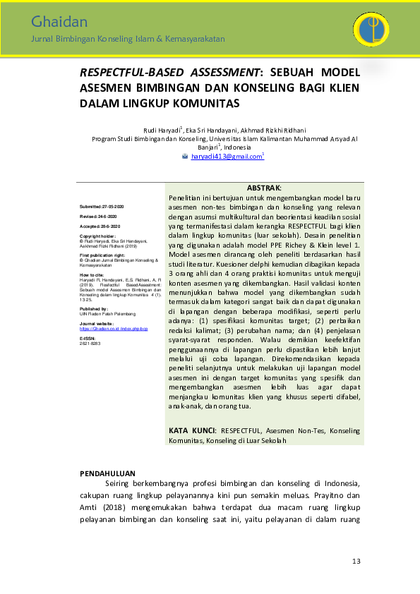 (PDF) Respectful-Based Assessment: Sebuah Model Asesmen Bimbingan Dan ...