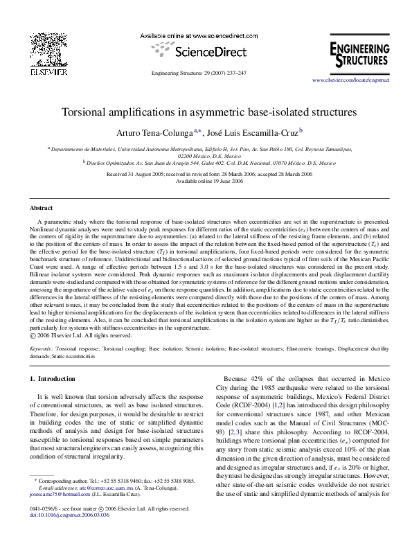 (PDF) Torsional amplifications in asymmetric base-isolated structures