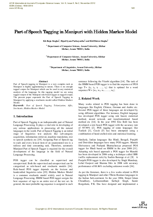 Pdf Part Of Speech Tagging In Manipuri With Hidden Markov Model