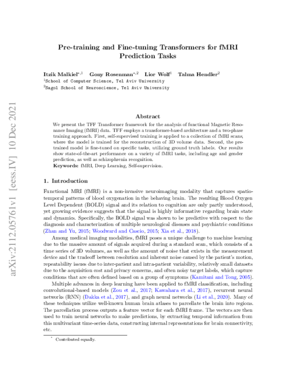 (PDF) Pre-training and Fine-tuning Transformers for fMRI Prediction Tasks
