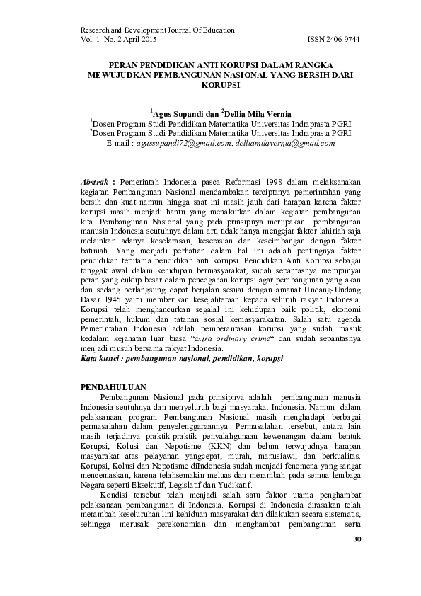 (PDF) Peran Pendidikan Anti Korupsi Dalam Rangka Mewujudkan Pembangunan Nasional Yang Bersih ...