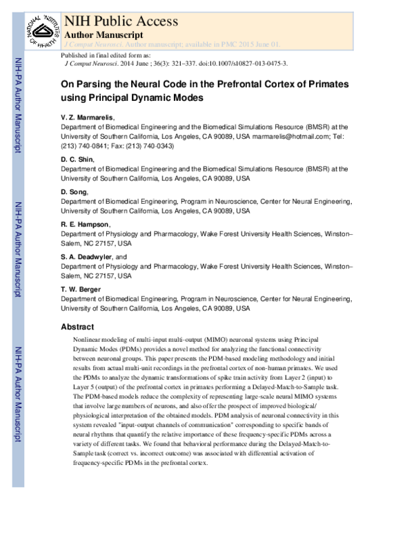 Pdf On Parsing The Neural Code In The Prefrontal Cortex Of Primates Using Principal Dynamic Modes