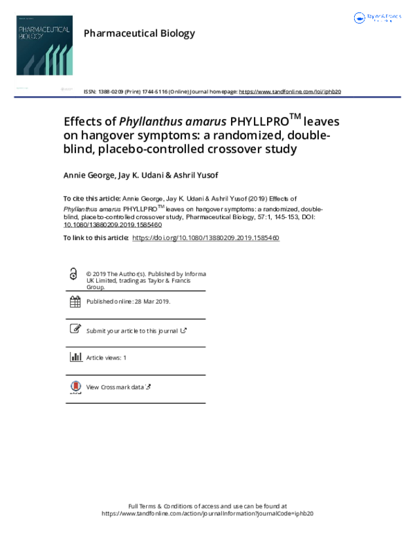 (PDF) Effects of Phyllanthus amarus PHYLLPROTM leaves on hangover symptoms: a randomized, double ...