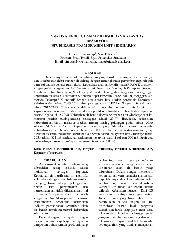 (PDF) Analisis Kebutuhan Air Bersih Dan Kapasitas Reservoir (Studi ...