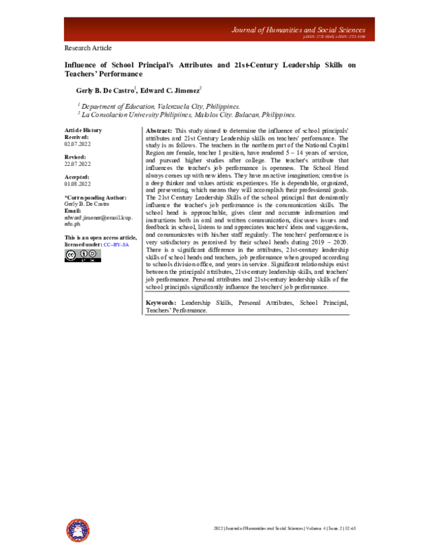 (PDF) Influence of School Principal's Attributes and 21st-Century ...