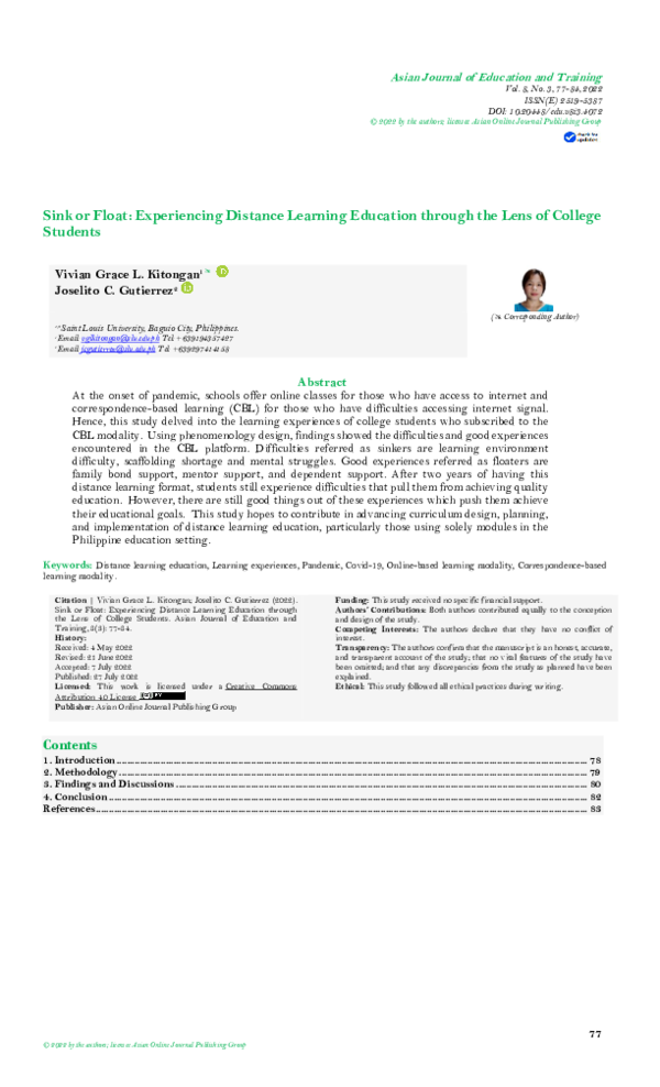 (PDF) Sink or Float: Experiencing Distance Learning Education through ...