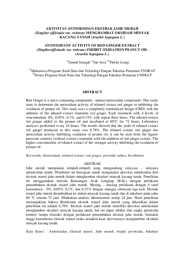 (PDF) AKTIVITAS ANTIOKSIDAN EKSTRAK JAHE MERAH (Zingiber officinale var ...