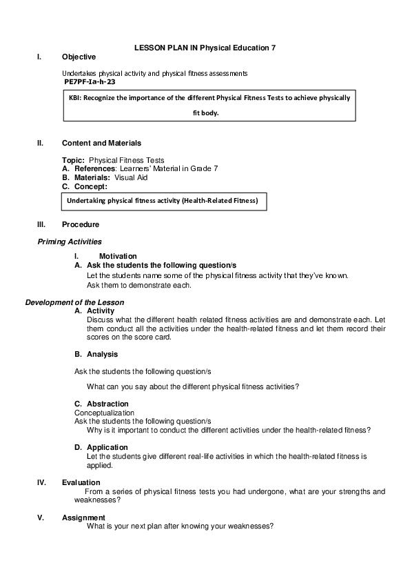 (PDF) LESSON PLAN IN Physical Education 7 I. Objective
