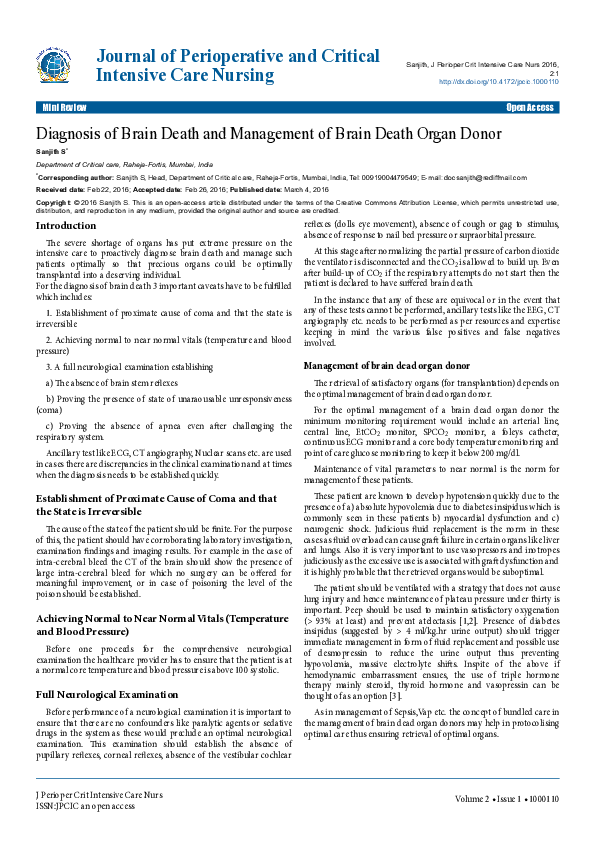 (PDF) Diagnosis of brain death and management of brain dead organ donor ...