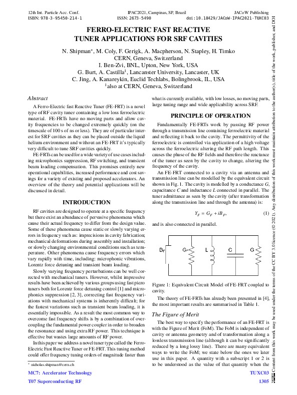 (PDF) Ferro-Electric Fast Reactive Tuner Applications for SRF Cavities