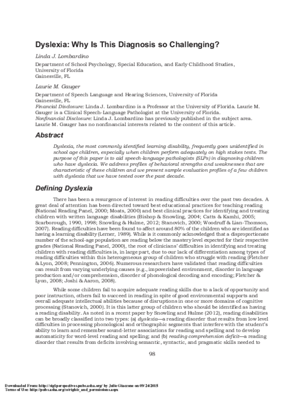 (PDF) Dyslexia: Why Is This Diagnosis so Challenging?