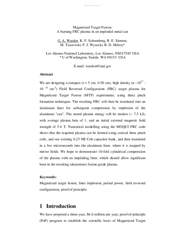 (PDF) Magnetized target fusion: a burning FRC plasma in an imploded ...