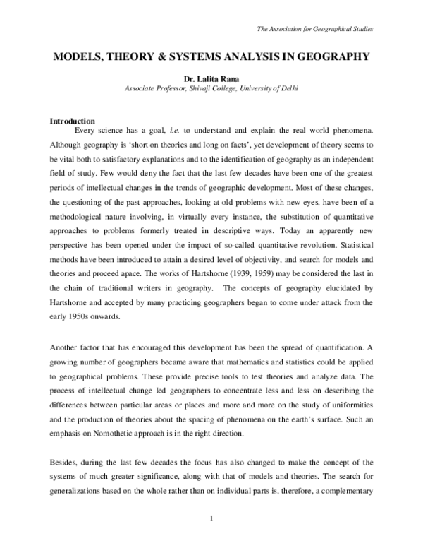 (PDF) Models , Theory & Systems Analysis in Geography