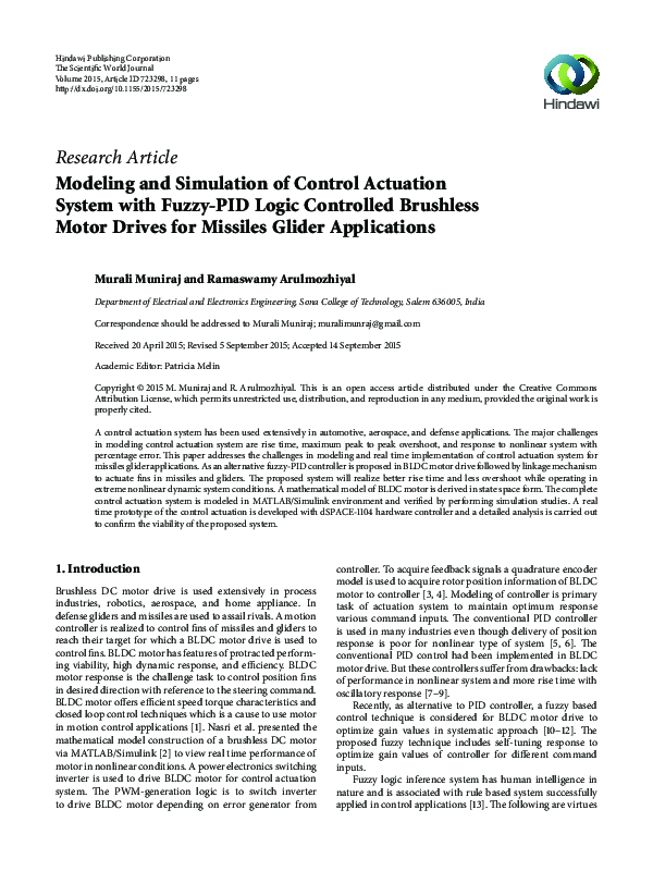 Pdf Modeling And Simulation Of Control Actuation System With Fuzzy Pid Logic Controlled 