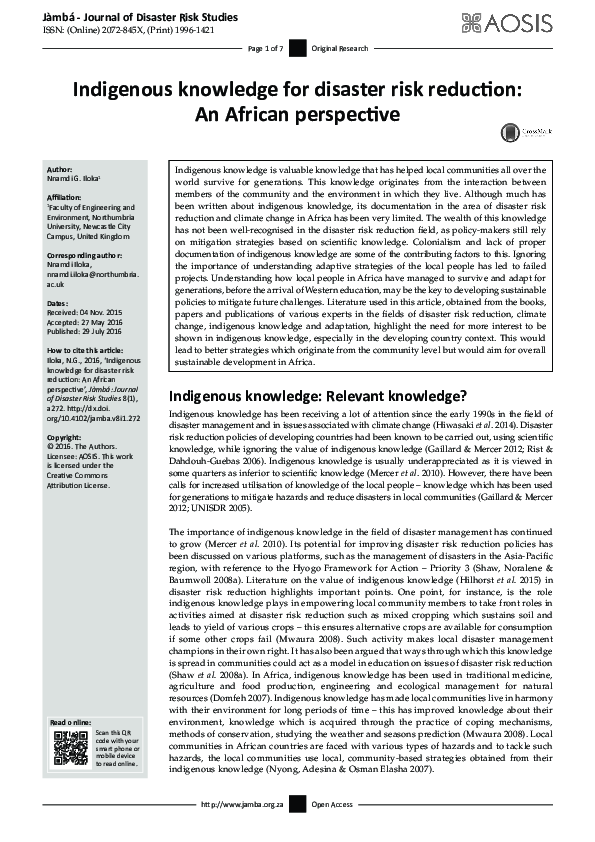 (PDF) Indigenous knowledge for disaster risk reduction: An African ...