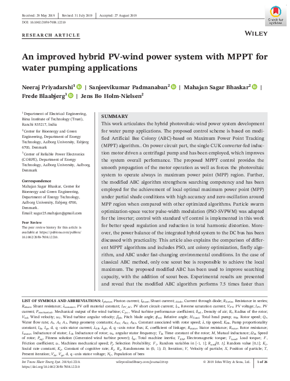 Pdf An Improved Hybrid Pv‐wind Power System With Mppt For Water Pumping Applications