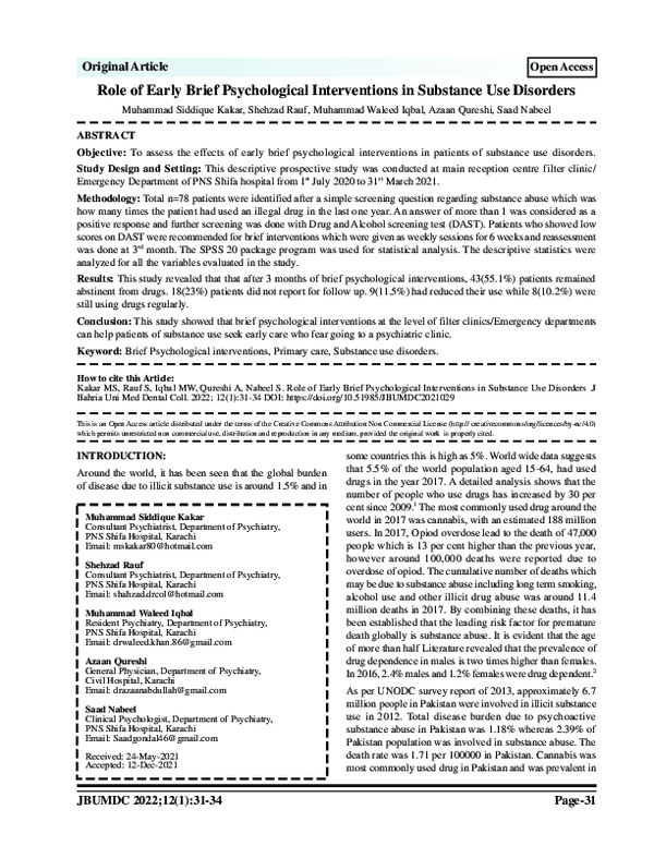 (PDF) Role of Early Brief Psychological Interventions in Substance Use ...