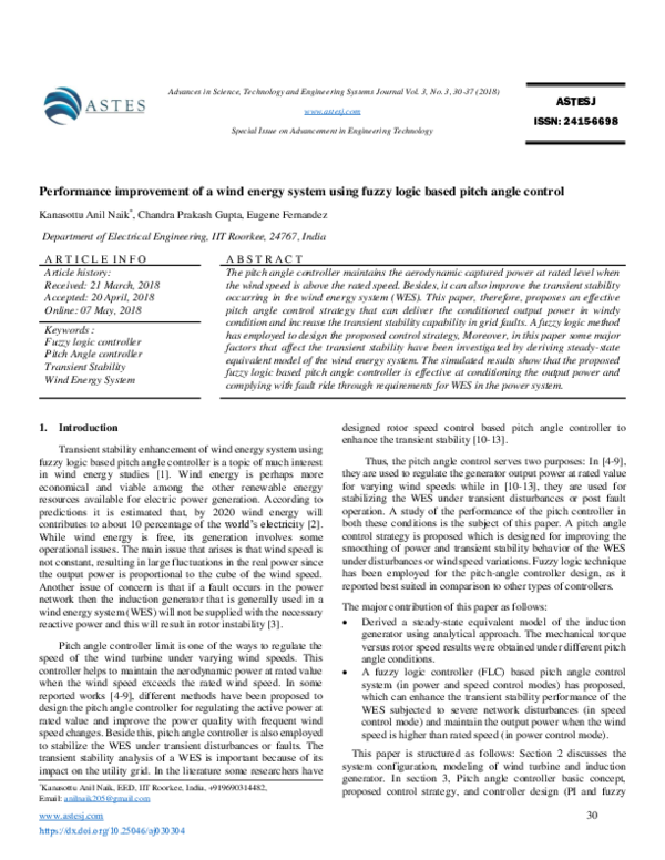 Pdf Fuzzy Logic Pitch Control For Wind Systems