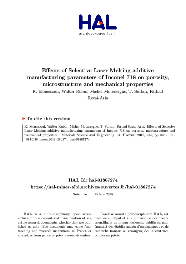 Pdf Effects Of Selective Laser Melting Additive Manufacturing Parameters Of Inconel 718 On