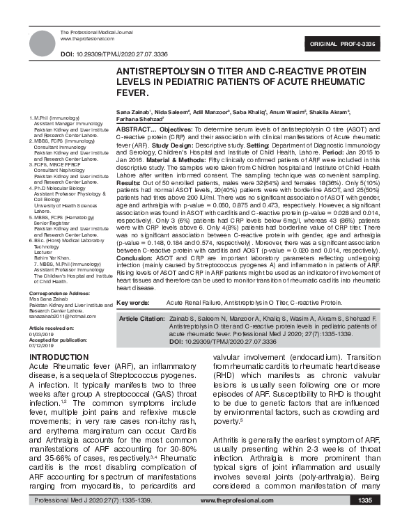 (PDF) Antistreptolysin O titer and C-reactive protein levels in ...