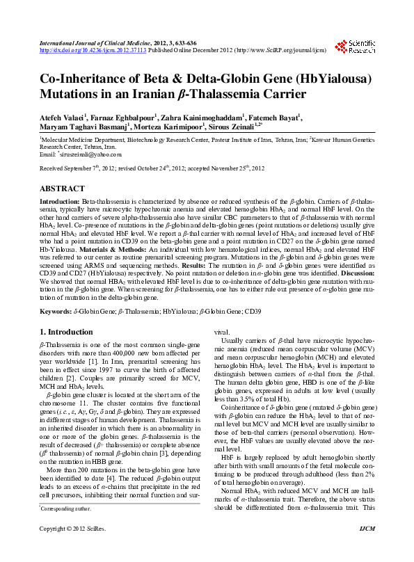 (PDF) Co-Inheritance of Beta & Delta-Globin Gene (HbYialousa) Mutations ...