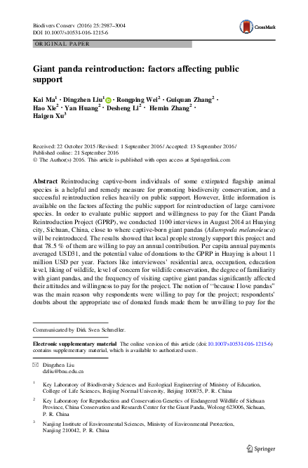 (PDF) Giant panda reintroduction: factors affecting public support