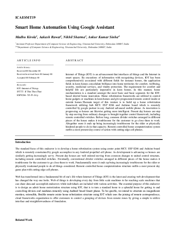 (PDF) Smart Home Automation Using Google Assistant