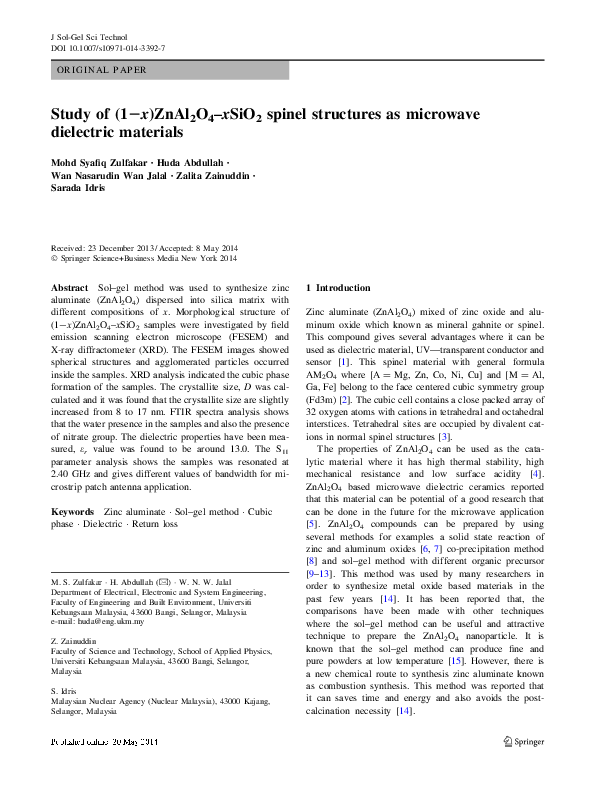 (PDF) (1−x)ZnAl2O4–xSiO2 Dielectric Properties for Microwave Applications