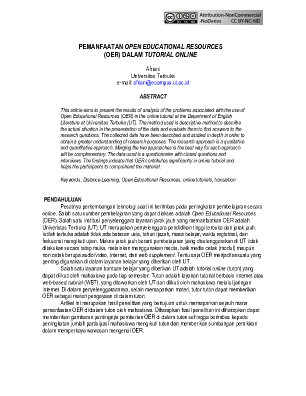 (PDF) Pemanfaatan Open Educational Resources (Oer) Dalam Tutorial Online