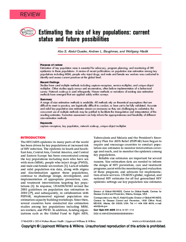 (PDF) Estimating Sizes of Key Populations in HIV Epidemics