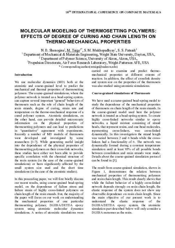 (PDF) Molecular Modeling of Thermosetting Polymers: Effects of Degree of Curing and Chain Length ...