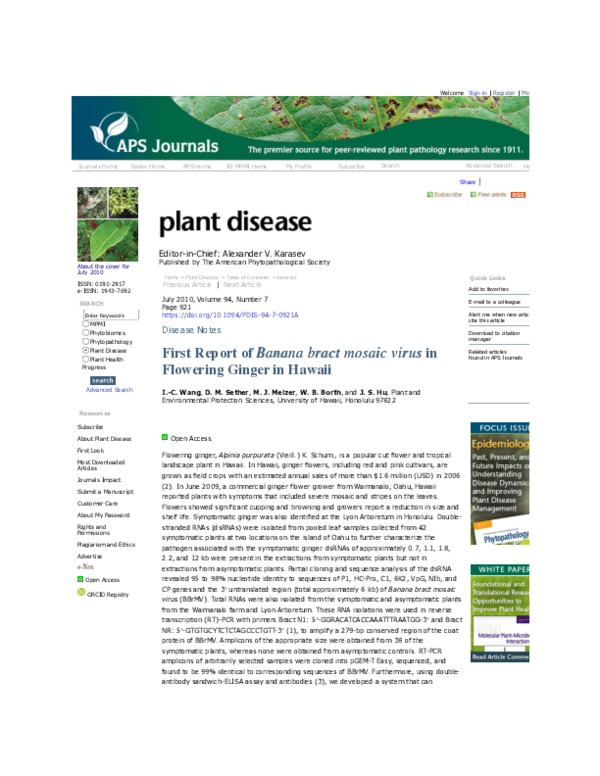(PDF) First Report of Banana bract mosaic virus in Flowering Ginger in ...