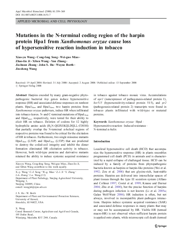 (PDF) Mutations in the N-terminal coding region of the harpin protein ...