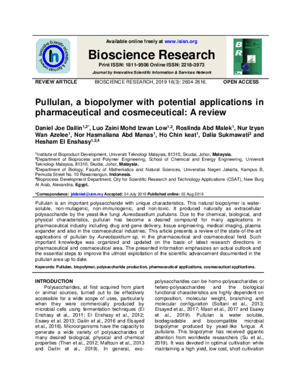 (PDF) Pullulan, a biopolymer with potential applications in pharmaceutical and cosmeceutical: A ...