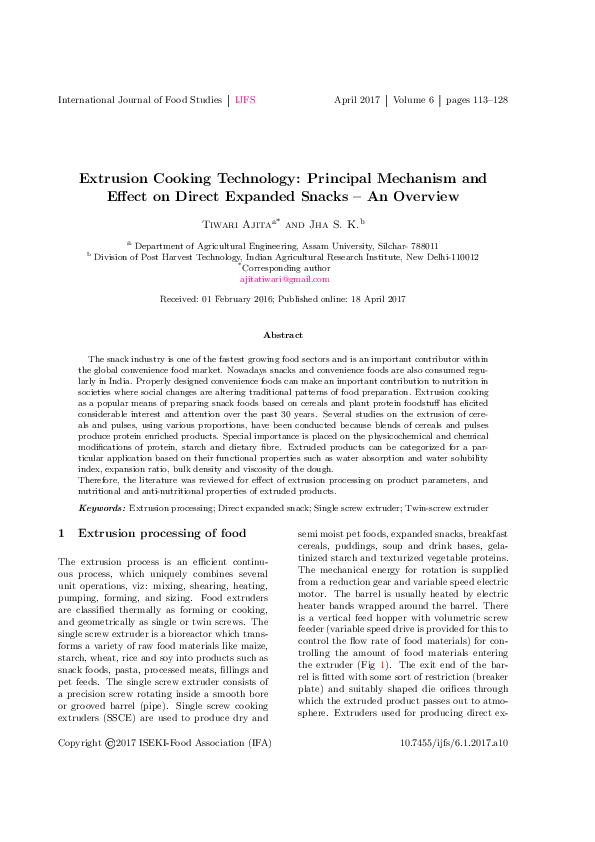 (PDF) Extrusion cooking technology: Principal mechanism and effect on ...