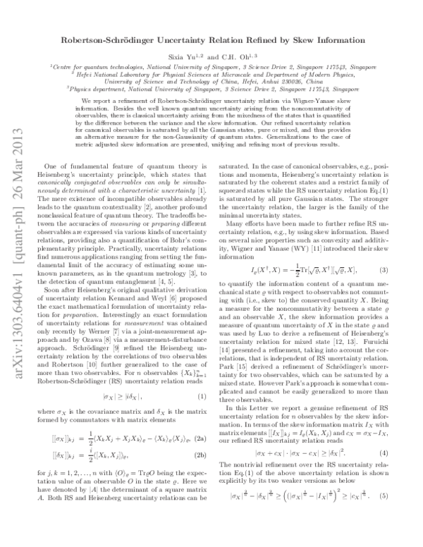 (PDF) Robertson-Schroedinger uncertainty relation refined by skew ...