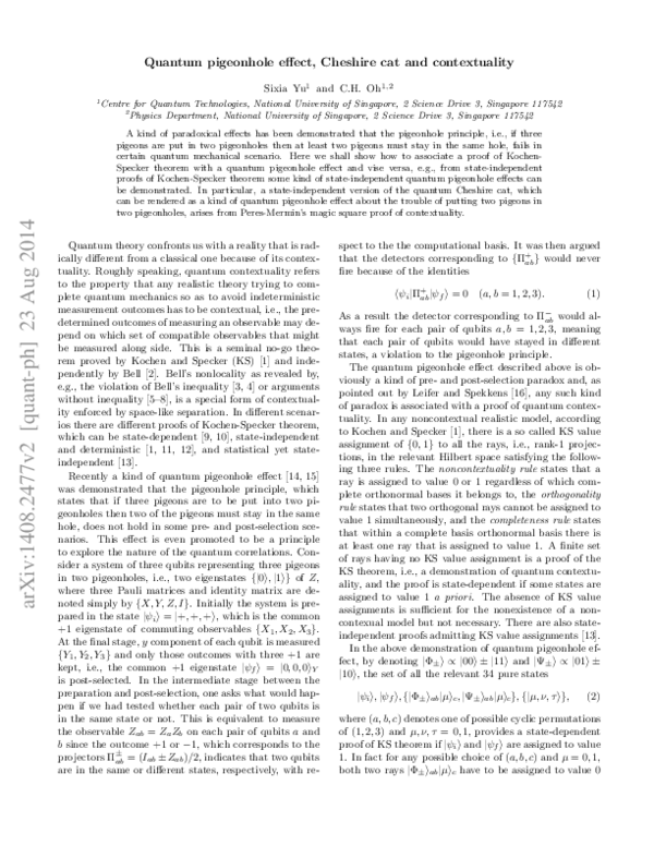 (PDF) Quantum pigeonhole effect, Cheshire cat and contextuality | Sixia yu - Academia.edu