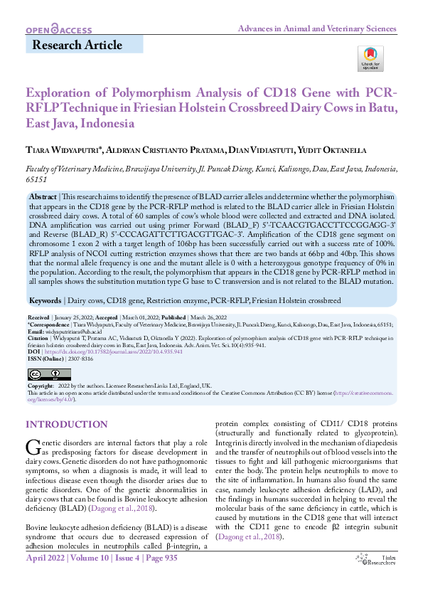 (PDF) Exploration of Polymorphism Analysis of CD18 Gene with PCR-RFLP ...
