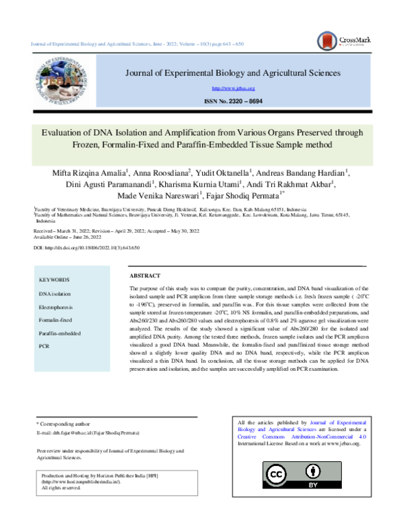 Pdf Evaluation Of Dna Isolation And Amplification From Various Organs