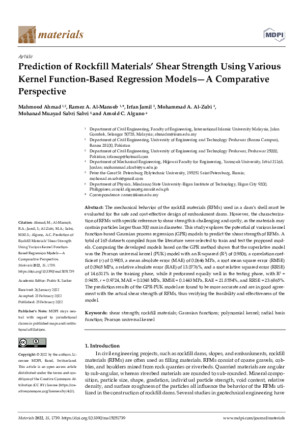 Pdf Prediction Of Rockfill Materials Shear Strength Using Various Kernel Function Based