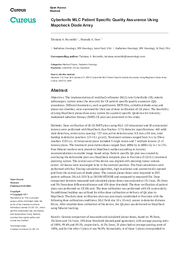 (PDF) Cyberknife MLC Patient Specific Quality Assurance Using Mapcheck Diode Array