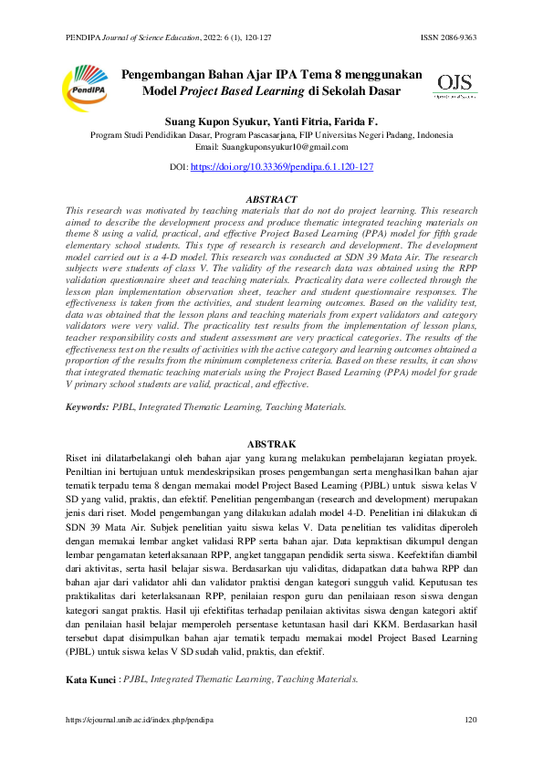 (PDF) Pengembangan Bahan Ajar IPA Tema 8 Menggunakan Model Project ...