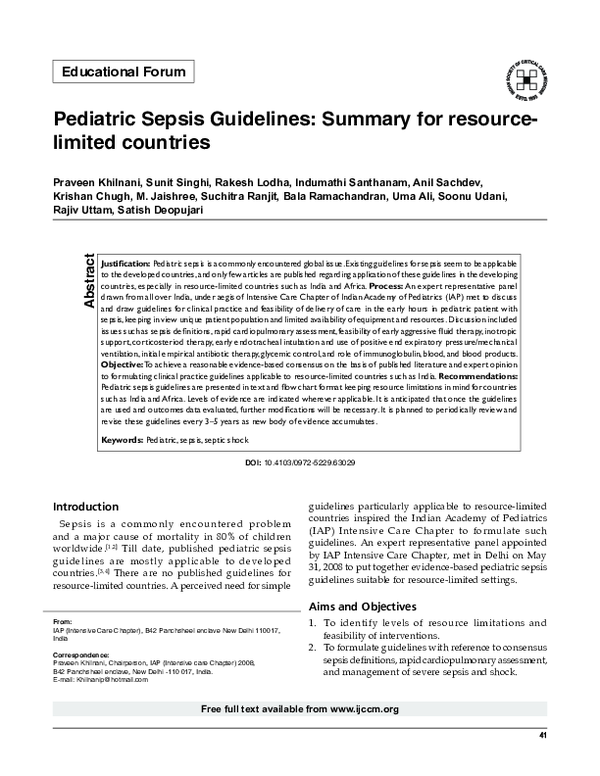 (PDF) Pediatric sepsis guidelines summary for resource-limited countries