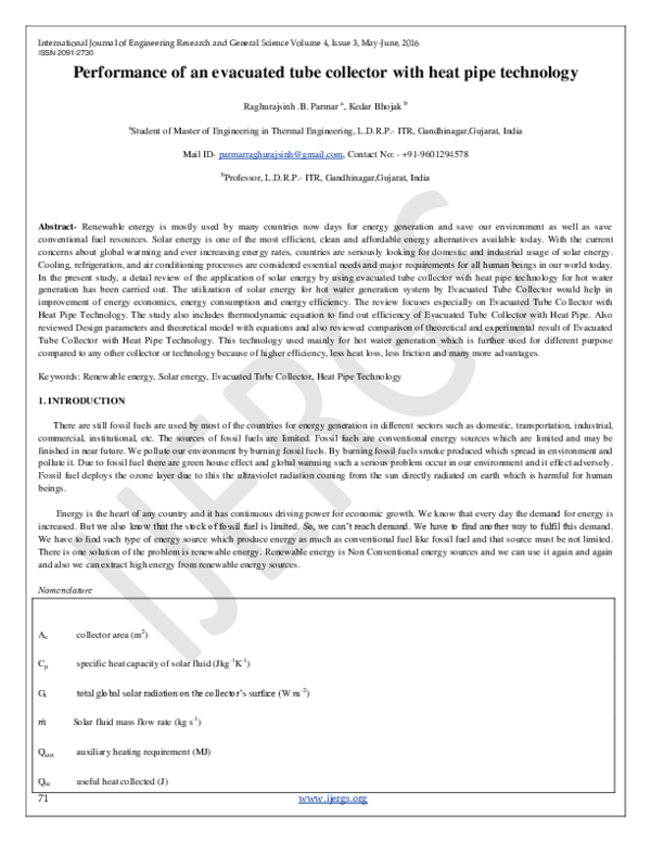 (PDF) Performance of an evacuated tube collector with heat pipe technology