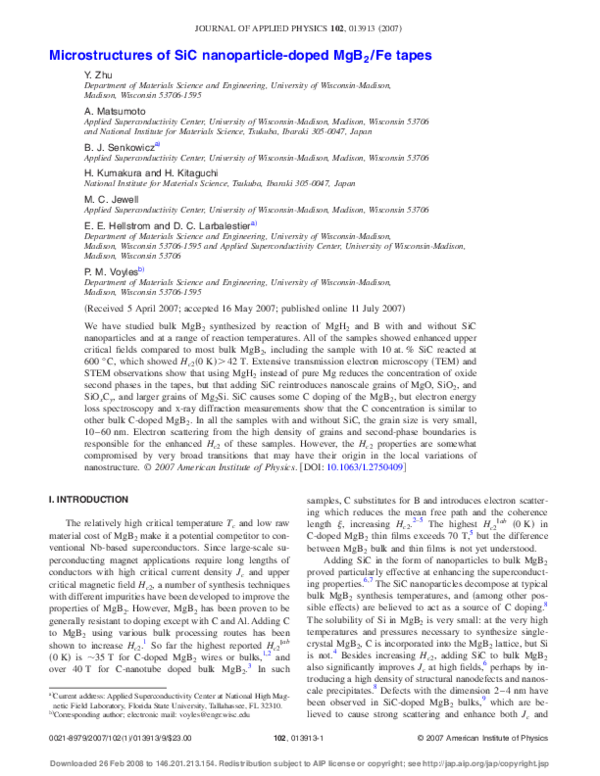 (PDF) Microstructures of SiC nanoparticle-doped MgB2∕Fe tapes