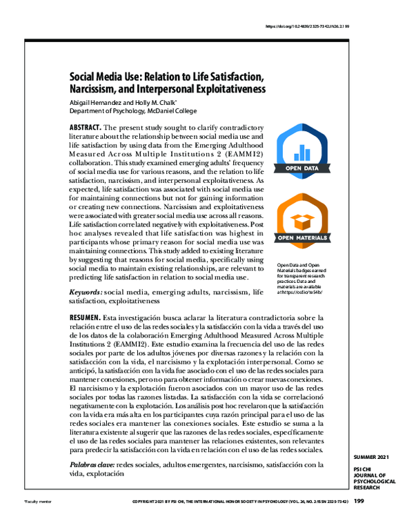 (PDF) Social Media Use: Relation to Life Satisfaction, Narcissism, and ...
