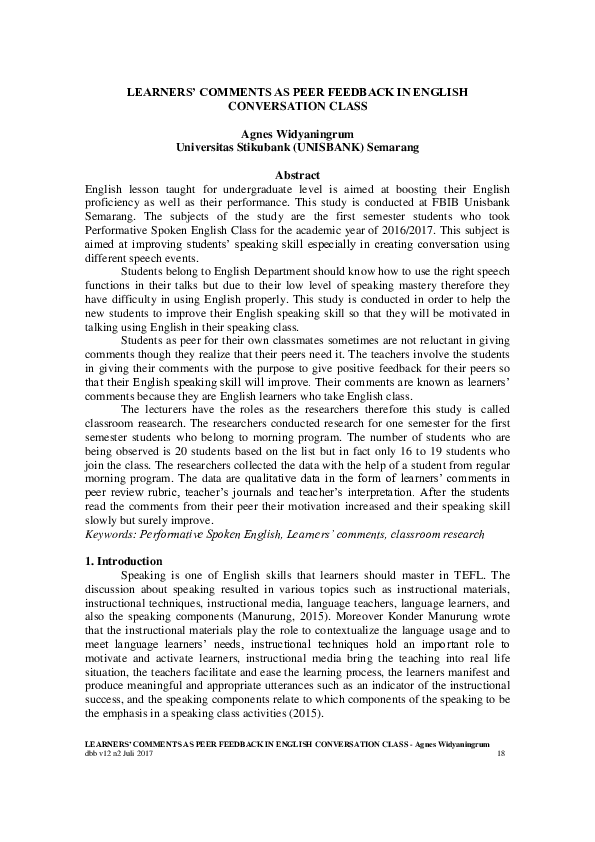 (PDF) Learners’ Comments as Peer Feedback in English Conversation Class